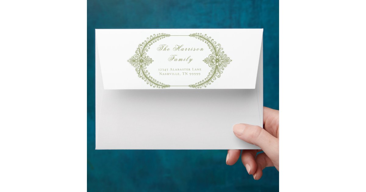 Olive Green French Flourish Frame Wedding Envelope | Zazzle