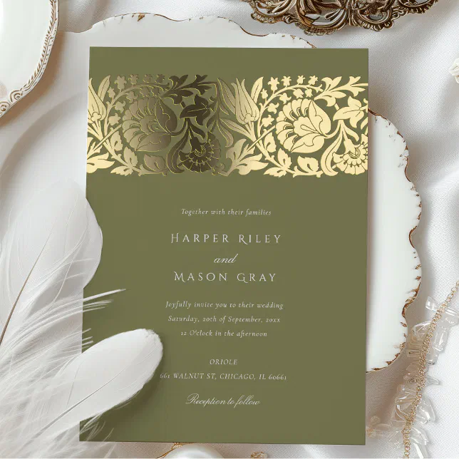 Olive Green Gold Floral Wedding Foil Invitation | Zazzle