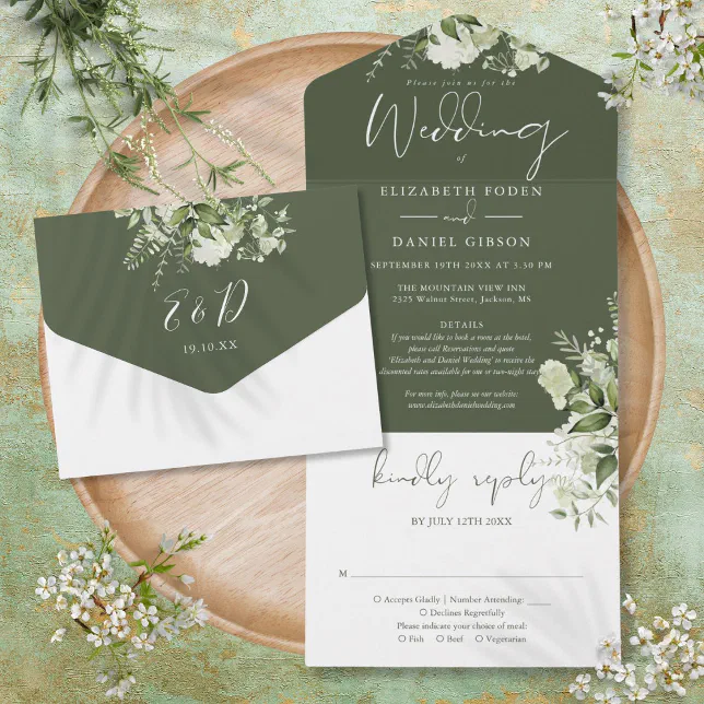 Olive Green Greenery Floral Details RSVP Wedding All In One Invitation ...