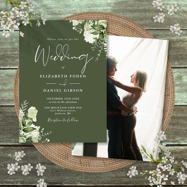 Olive Green Greenery Leaves Elegant Photo Wedding Invitation | Zazzle