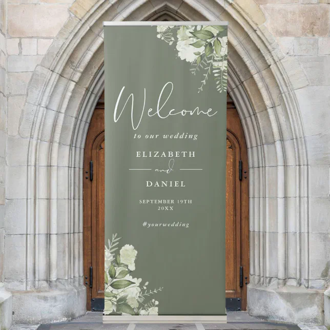 Olive Green Rustic Floral Wedding Welcome Retractable Banner | Zazzle