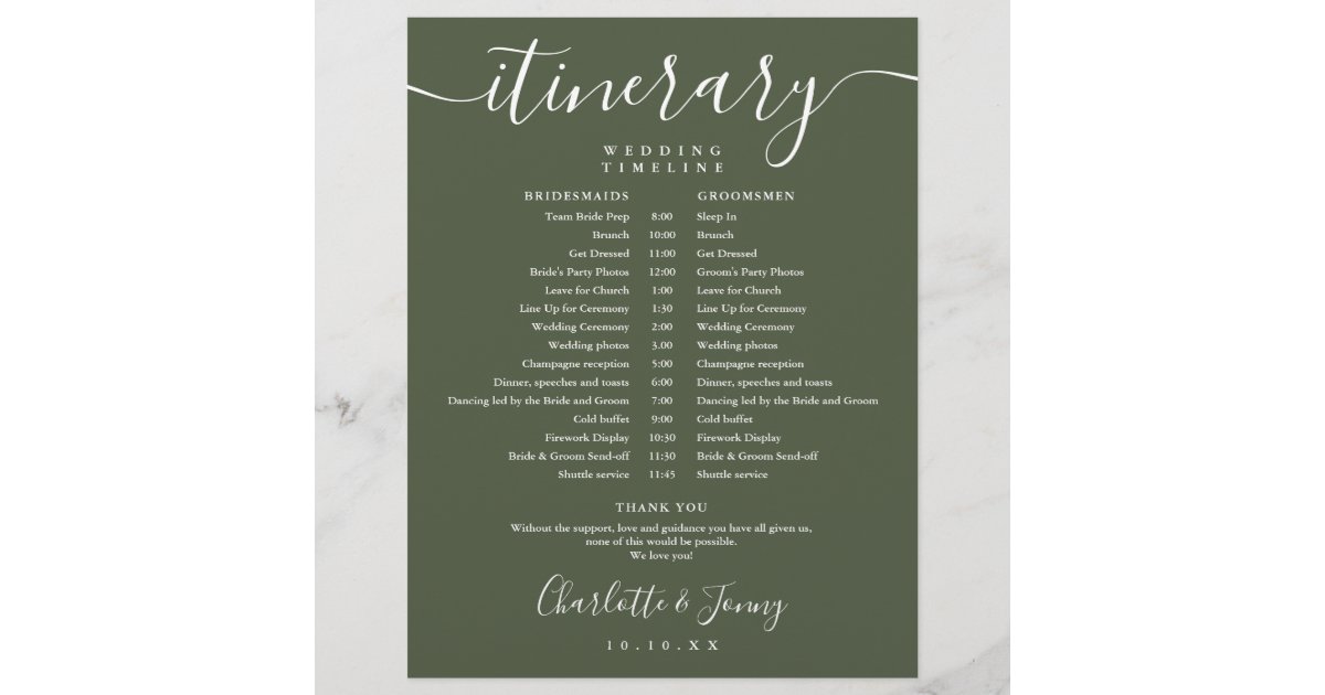 Olive Green Schedule Wedding Itinerary Timeline | Zazzle