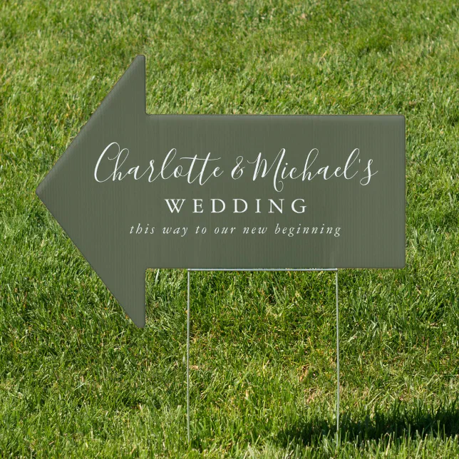 Olive Green Script Name Wedding This Way Arrow Sign | Zazzle