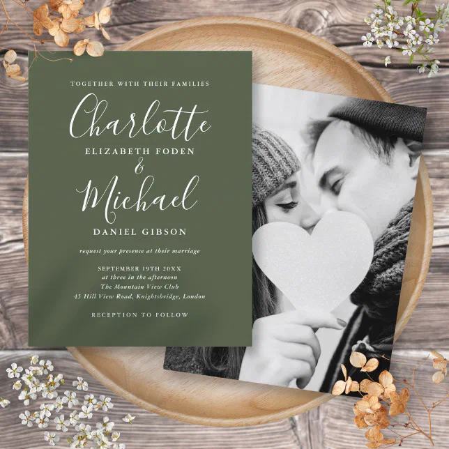 Olive Green Signature Script Photo Wedding Invitation Postcard | Zazzle
