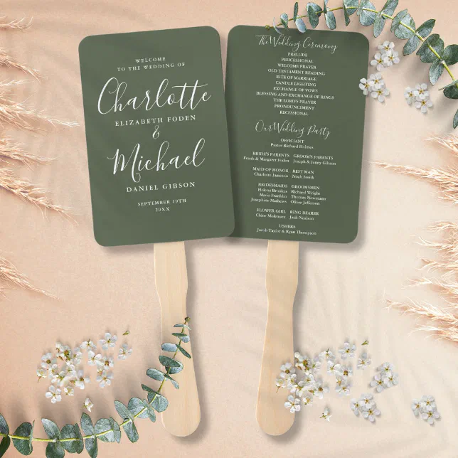 Olive Green Signature Script Wedding Program Hand Fan | Zazzle