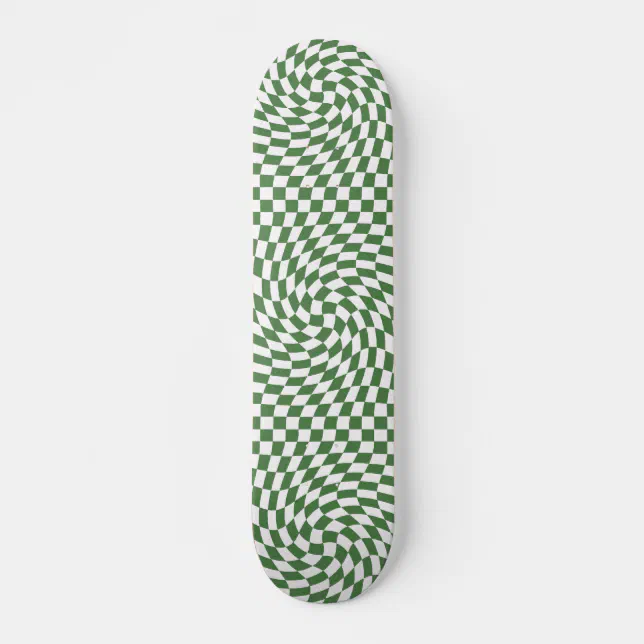 Olive Green & White Warped Checkered Pattern Skateboard | Zazzle