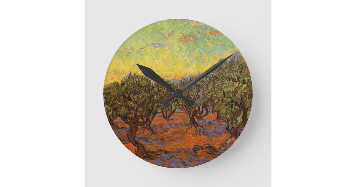 Olive Grove, Orange Sky by Vincent van Gogh Round Clock | Zazzle