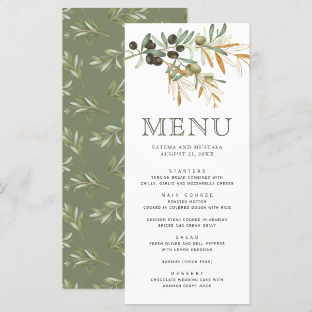 Olive Leaves Gold Branch Wedding Menu | Zazzle