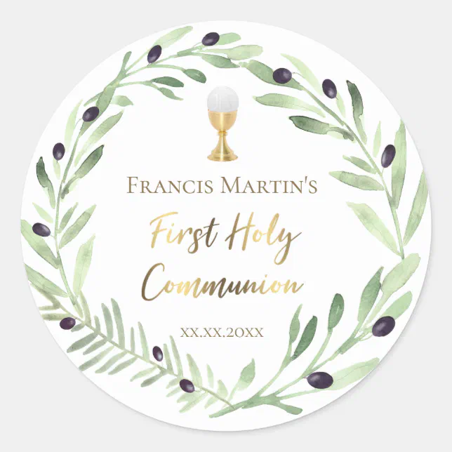 olive wreath First holy Communion Classic Round Sticker | Zazzle