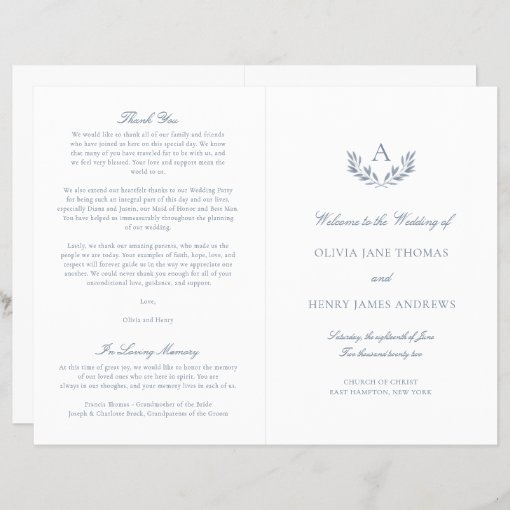 Olivia Elegant Dusty Blue Folded Wedding Program | Zazzle