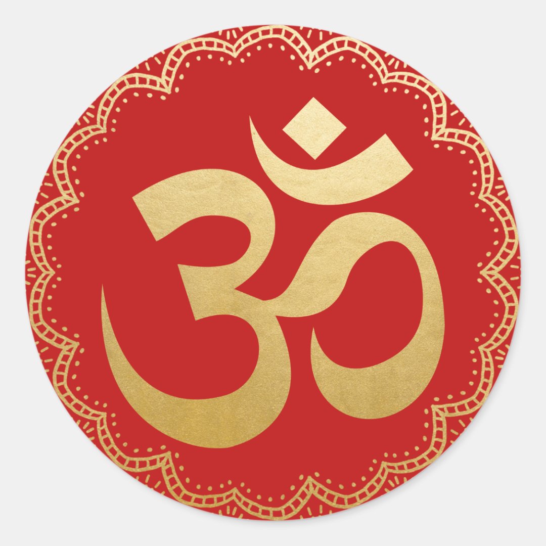 Om HIndu Meditation Symbol Yoga Faux Gold Foil Red Classic Round ...