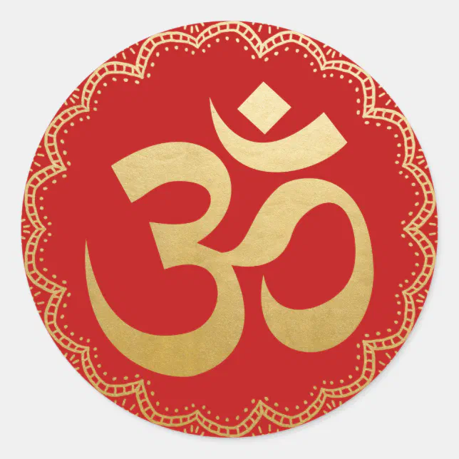 Om HIndu Meditation Symbol Yoga Faux Gold Foil Red Classic Round ...