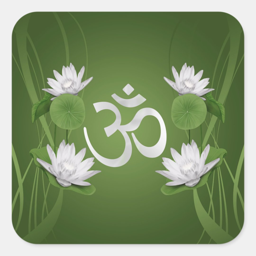 Om Symbol with Lotus flowers on green Square Sticker | Zazzle