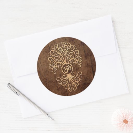 Om Tree with Wood Grain Effect Classic Round Sticker | Zazzle