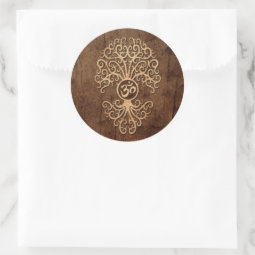 Om Tree with Wood Grain Effect Classic Round Sticker | Zazzle