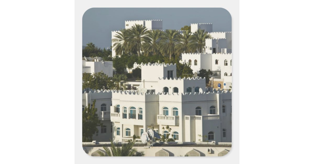 Oman, Muscat, Qurm. Buildings of Qurm Area / Square Sticker | Zazzle