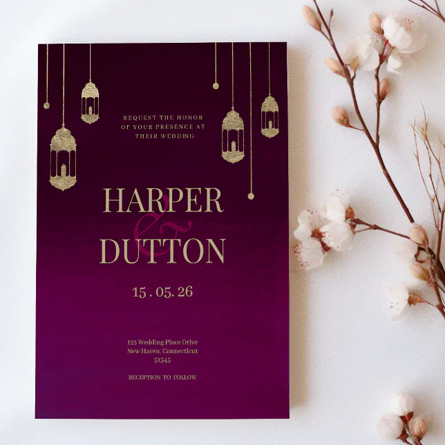 Ombre burgundy and gold lantern lights wedding invitation | Zazzle
