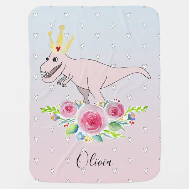 Ombre Girls T-Rex Princess Dinosaur Flowers & Name Swaddle Blanket | Zazzle