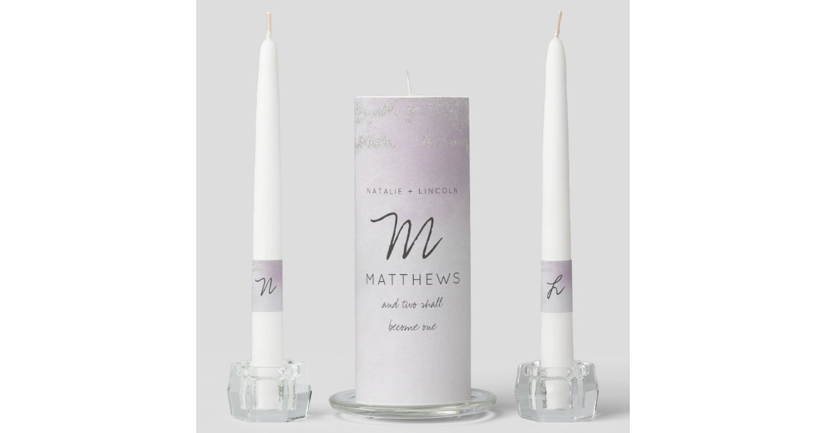 Ombre Light Purple Silver Foil Wedding Monogram Unity Candle Set | Zazzle