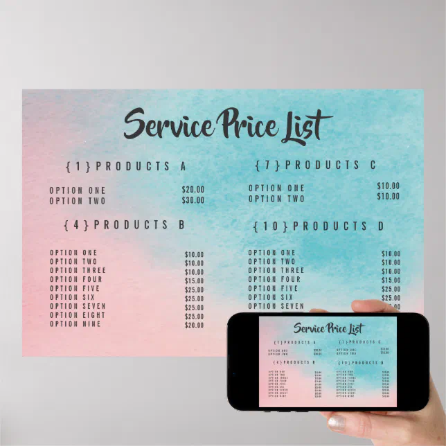 Ombre Service Price Menu Custom Printed Poster | Zazzle