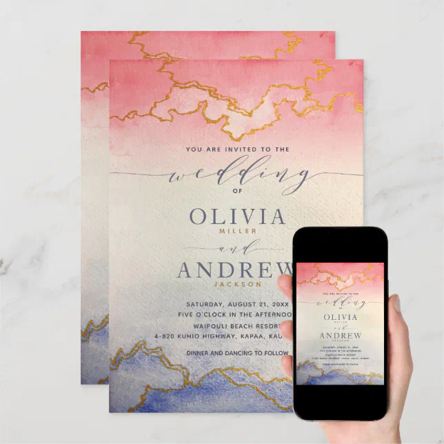 Ombre Watercolor Wedding Pink and Blue Invitation | Zazzle