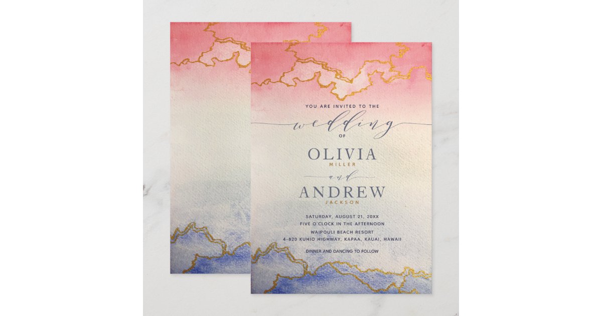 Ombre Watercolor Wedding Pink and Blue Invitation | Zazzle