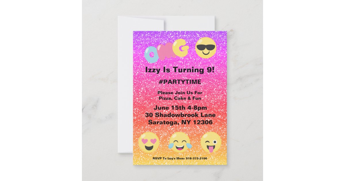 OMG Ombre Glitter Emoji Birthday Invitation | Zazzle
