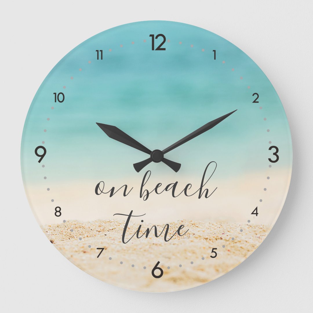 On Beach Time (Customizable!) Coastal Beach Photo Large Clock | Zazzle