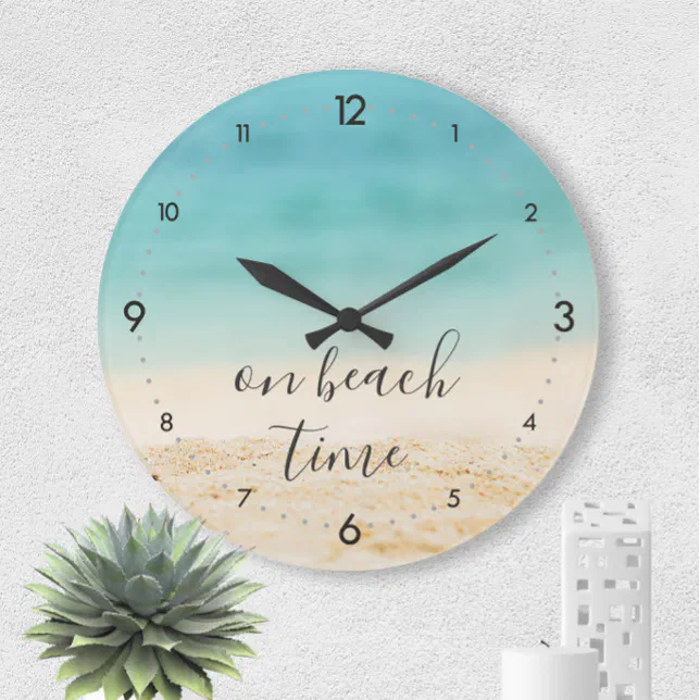 On Beach Time (Customizable!) Coastal Beach Photo Large Clock | Zazzle