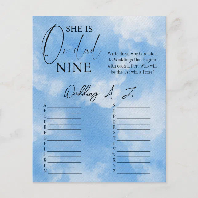 On Cloud Nine Calligraphy Blue Bridal Shower Game | Zazzle