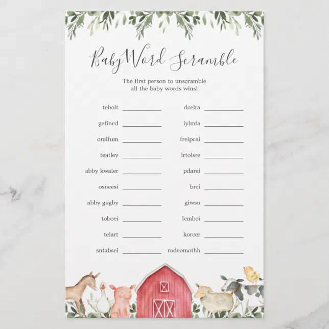 On The Farm Baby Shower Word Scramble Game | Zazzle