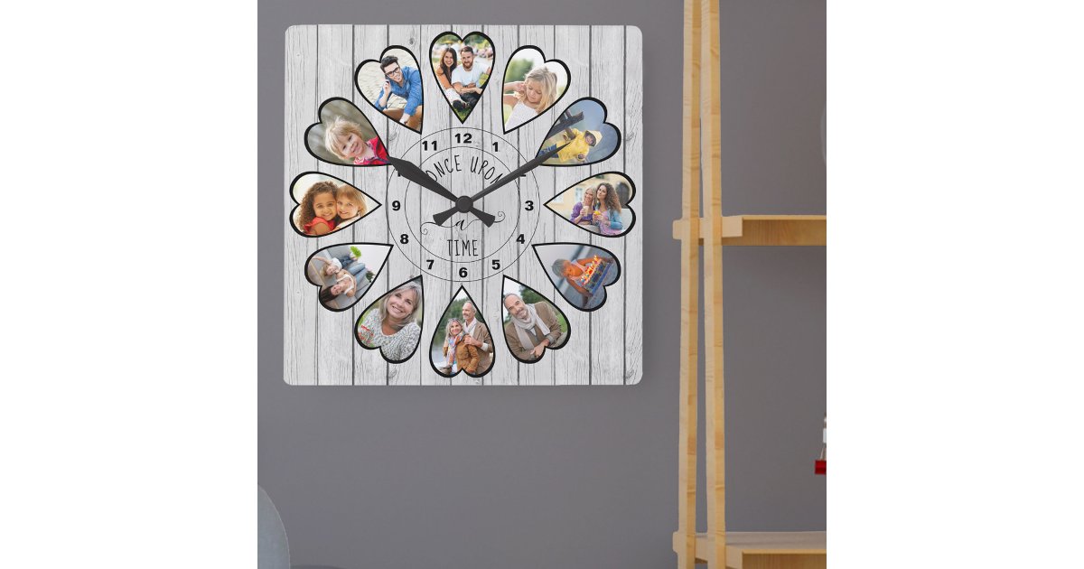 Once Upon a Time 12 Heart Shaped Photo Grey Wood Square Wall Clock | Zazzle