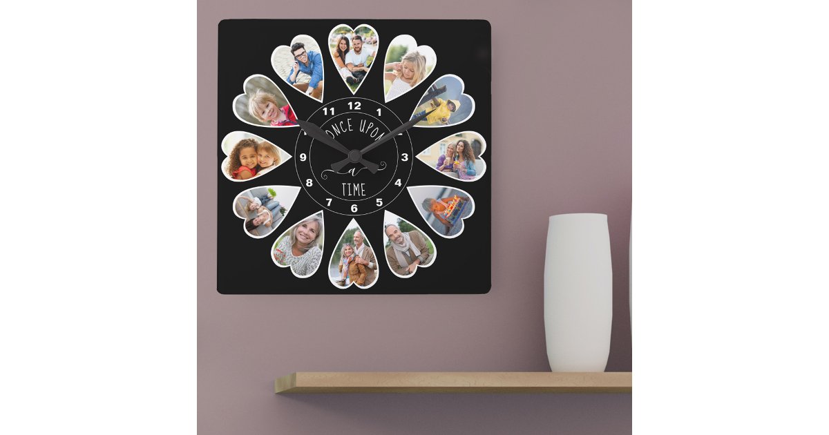 Once Upon a Time 12 Heart Shaped Photos Black Square Wall Clock | Zazzle