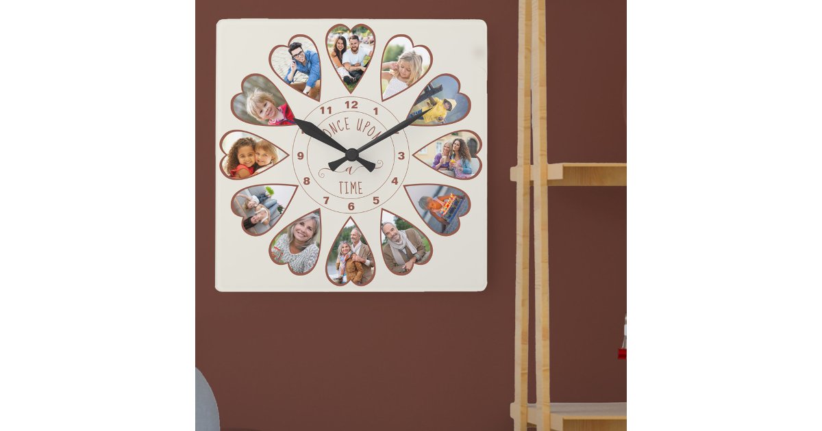 Once Upon a Time 12 Heart Shaped Photos Cream Rust Square Wall Clock ...