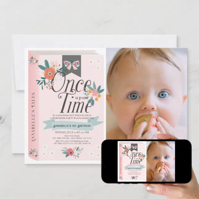 Once Upon a Time Pink Floral Photo 1st Birthday Invitation | Zazzle