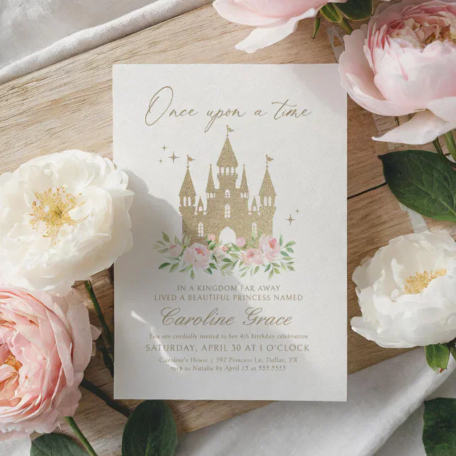 Once Upon a Time Pink Floral Princess Birthday Invitation | Zazzle