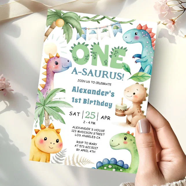 One A-Saurus Boy Dinosaur 1st Birthday Invitation | Zazzle