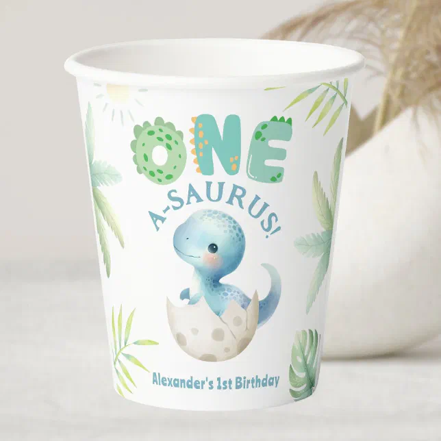 One A-Saurus Boy Dinosaur 1st Birthday Paper Cups | Zazzle