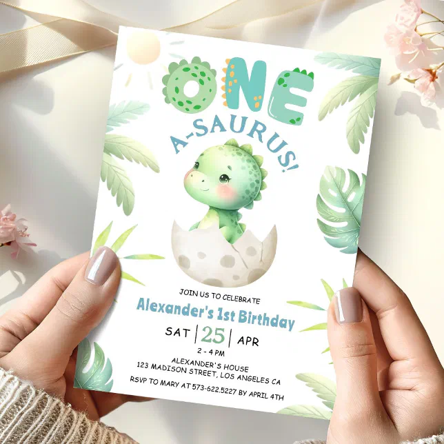 One A-Saurus Cute Dinosaur 1st Birthday Invitation | Zazzle