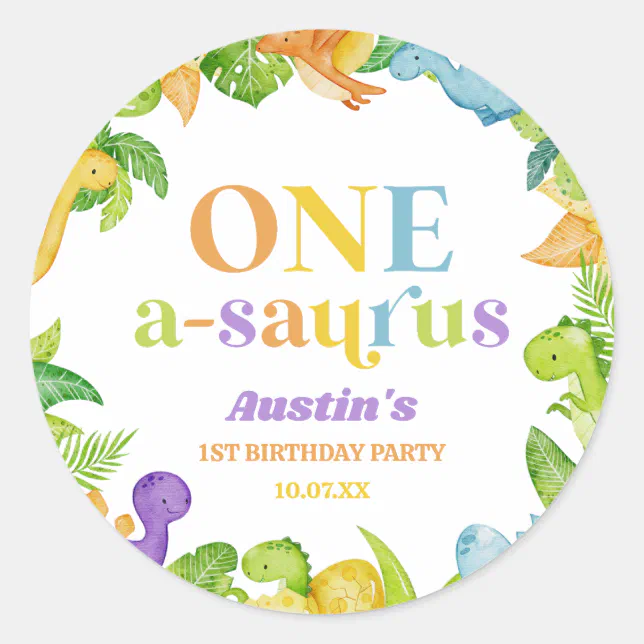 One A-Saurus Dinosaur 1st First Birthday Party Classic Round Sticker ...