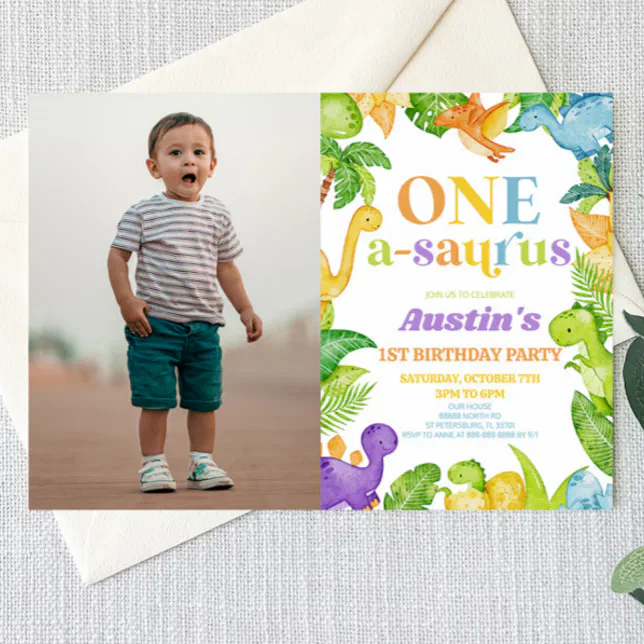 One A-Saurus Dinosaur 1st First Birthday Party Invitation | Zazzle