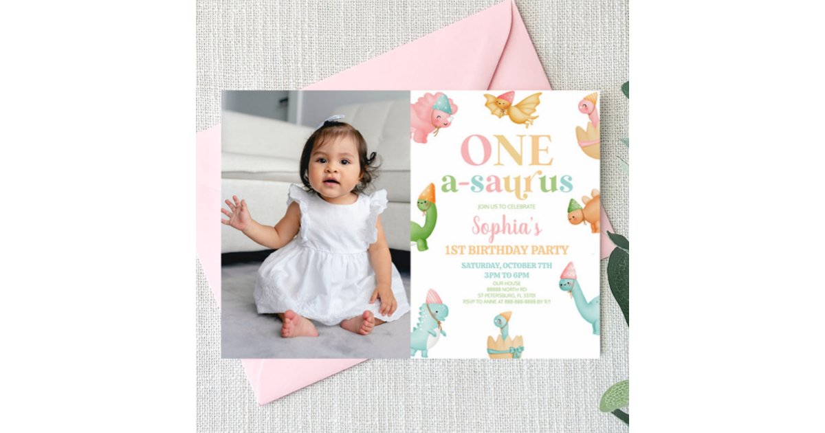 One A-Saurus Dinosaur 1st First Birthday Party Invitation | Zazzle
