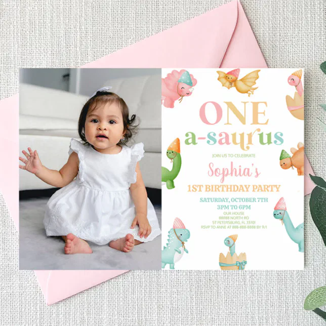 One A-Saurus Dinosaur 1st First Birthday Party Invitation | Zazzle