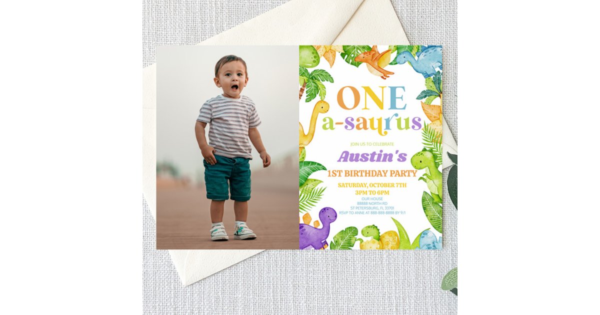 One A-Saurus Dinosaur 1st First Birthday Party Invitation | Zazzle