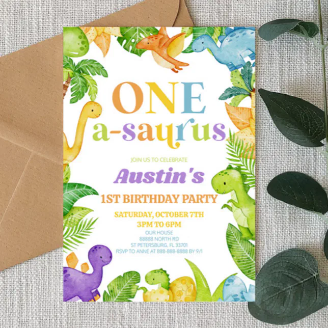 One A-Saurus Dinosaur 1st First Birthday Party Invitation | Zazzle