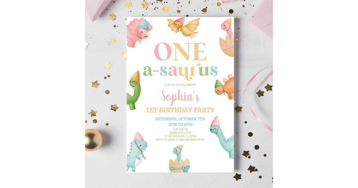One A-Saurus Dinosaur 1st First Birthday Party Invitation | Zazzle