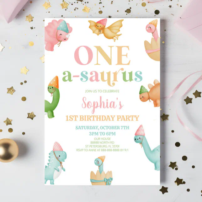One A-Saurus Dinosaur 1st First Birthday Party Invitation | Zazzle