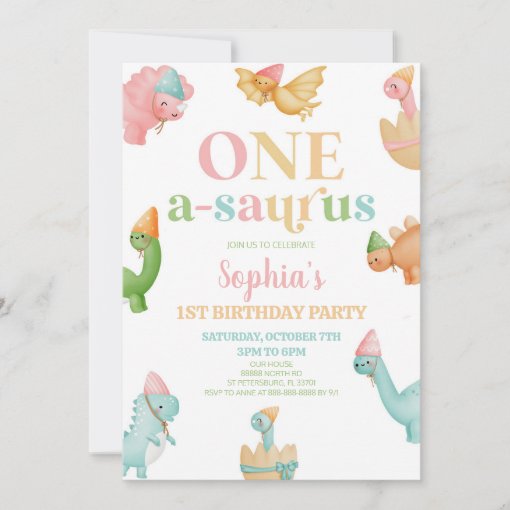 One A-Saurus Dinosaur 1st First Birthday Party Invitation | Zazzle