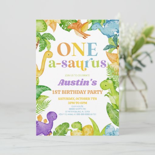 One A-Saurus Dinosaur 1st First Birthday Party Invitation | Zazzle