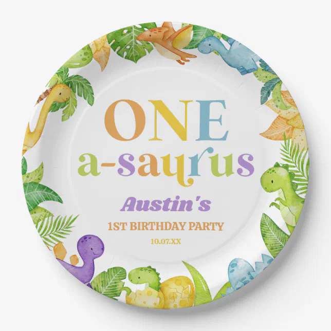 One A-Saurus Dinosaur 1st First Birthday Party Paper Plates | Zazzle